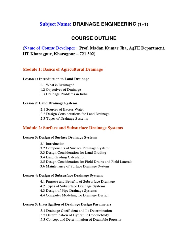 Course Outline - Drainage Engineering | PDF | Drainage | Hydrology And ...