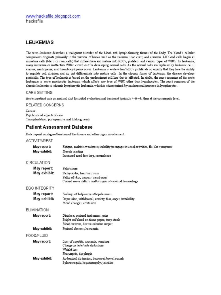 Nursing Care Plan For LEUKEMIAS | PDF | Leukemia | Chemotherapy