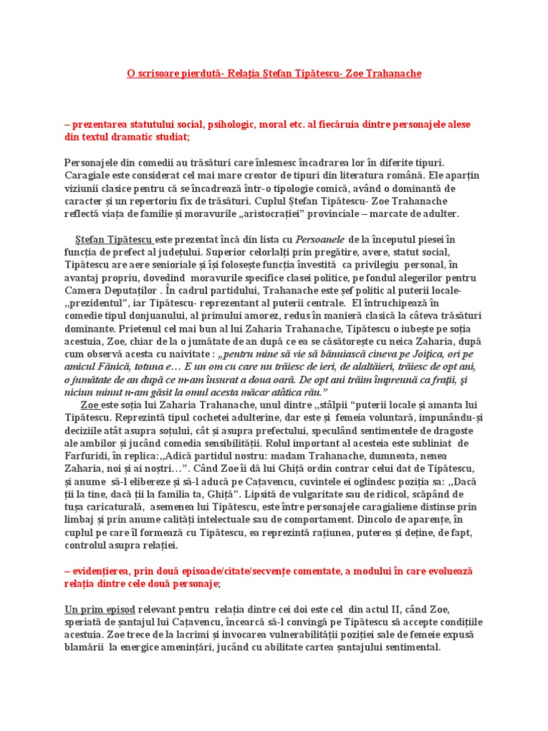 Relatia Dintre Doua Personaje - Stefan Tipatescu-Zoe Trahanache, 2021 | PDF