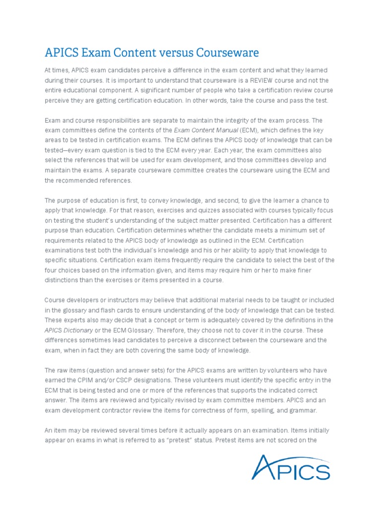 APICS - Exam Content Vs Courseware | PDF | Test (Assessment) | Teaching