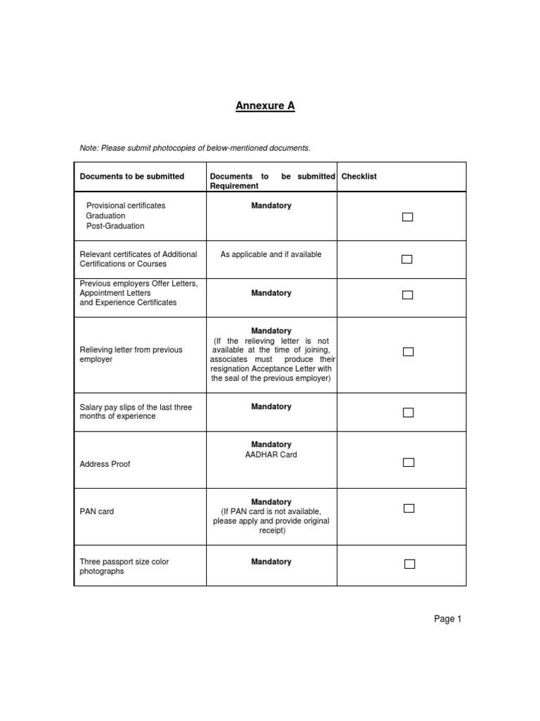 Document Submission Checklist for Annexure A | PDF