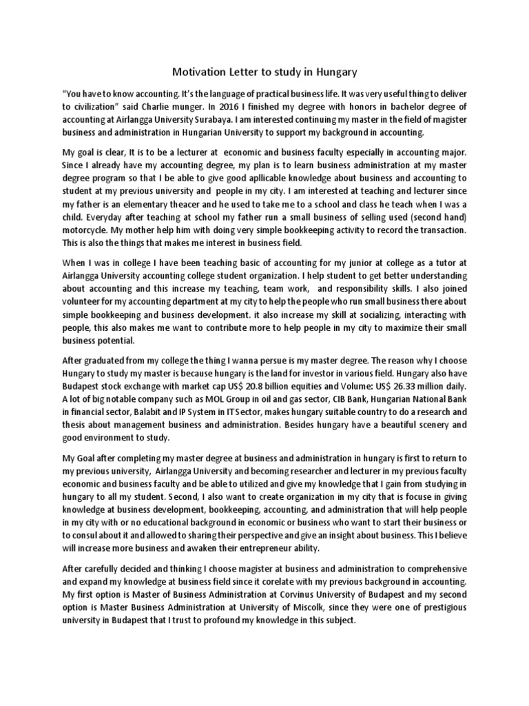 Motivation Letter To Study in Hungary | PDF | Academic Degree | Accounting