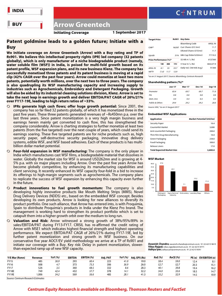 Arrow Greentech - Initiating Coverage - Centrum | PDF | Patent | License