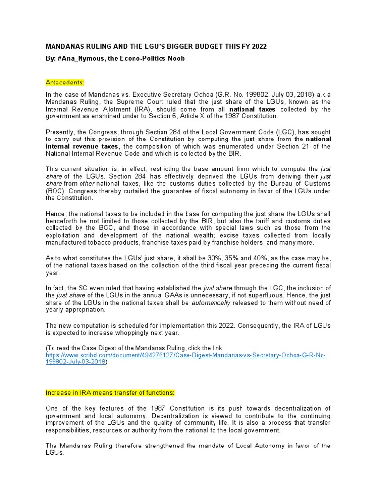 Concept Paper - Mandanas Ruling and The Lgu's Bigger Budget This Fy ...