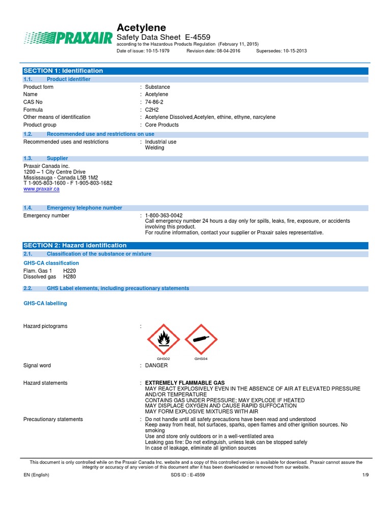 Acetylene: Safety Data Sheet E-4559 | PDF | Firefighting | Toxicity