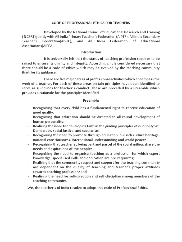Code of Professional Ethics For Teachers | PDF | Teachers | Social ...