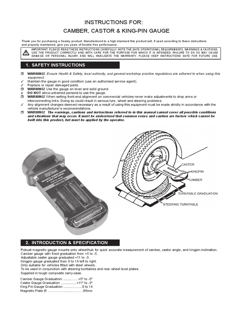 Camber Castor Kingpin Gauge Guide | PDF | Vehicles | Vehicle Technology