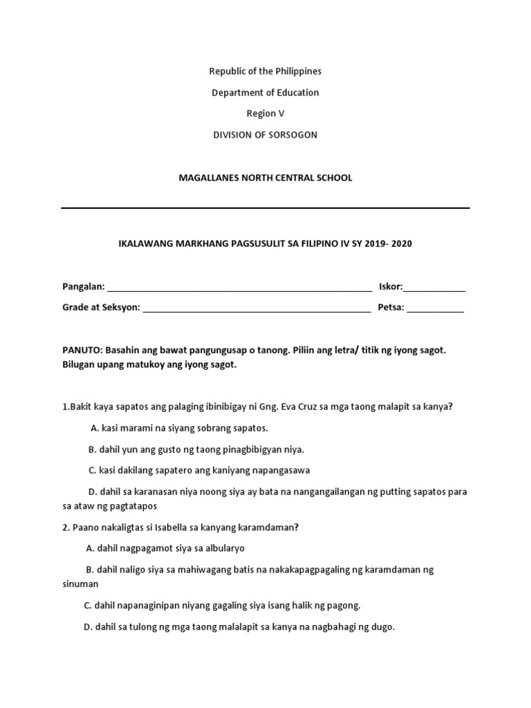 Filipino - TOS and Test | PDF