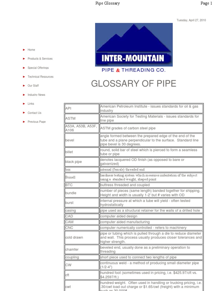 Pipe Glossary | PDF | Pipe (Fluid Conveyance) | Mechanical Engineering