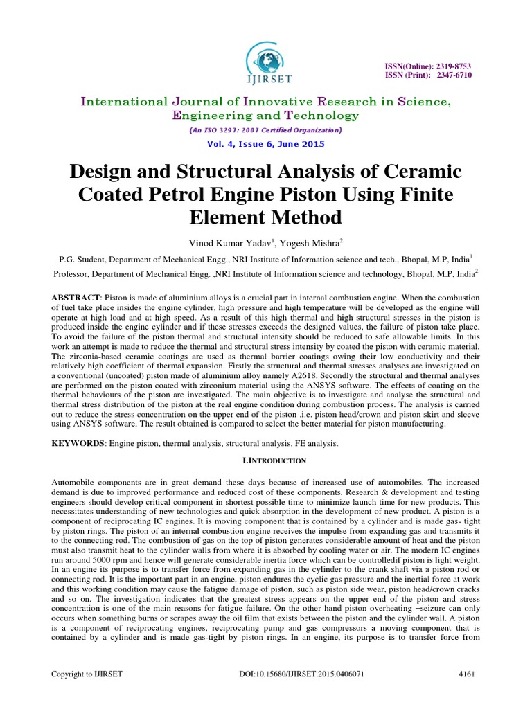 Design and Structural Analysis of Ceramic Coated Petrol Engine Piston Using Finite Element ...