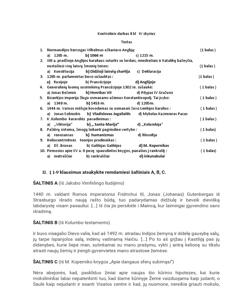 Kontrolinis Darbas 8 KL IV Skyrius | PDF