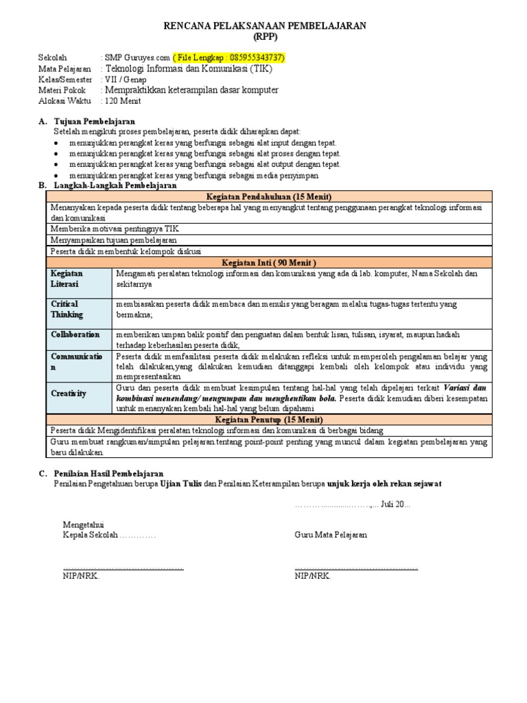RPP TIK Kelas VII Mempraktikkan Keterampilan Dasar Komputer | PDF