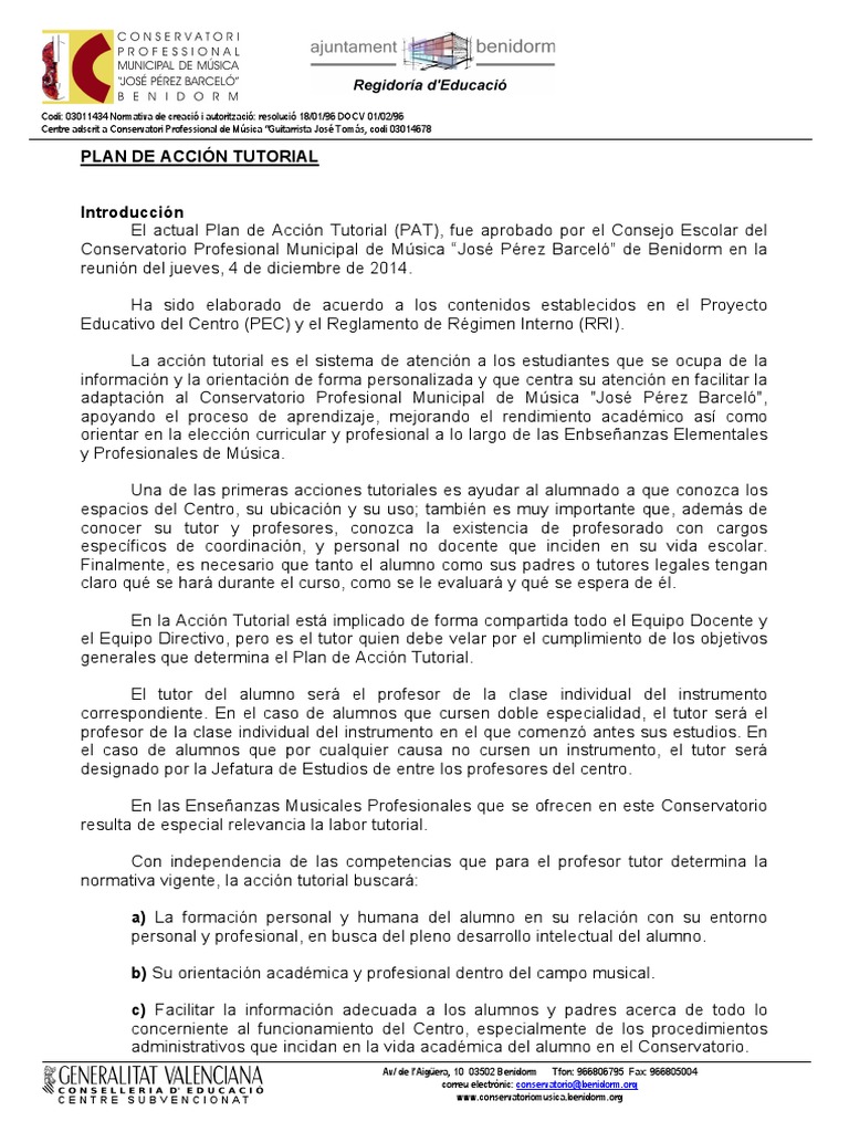 PLAN DE ACCION TUTORIAL en Conservatorios | Descargar gratis PDF | Tutorial | Maestros
