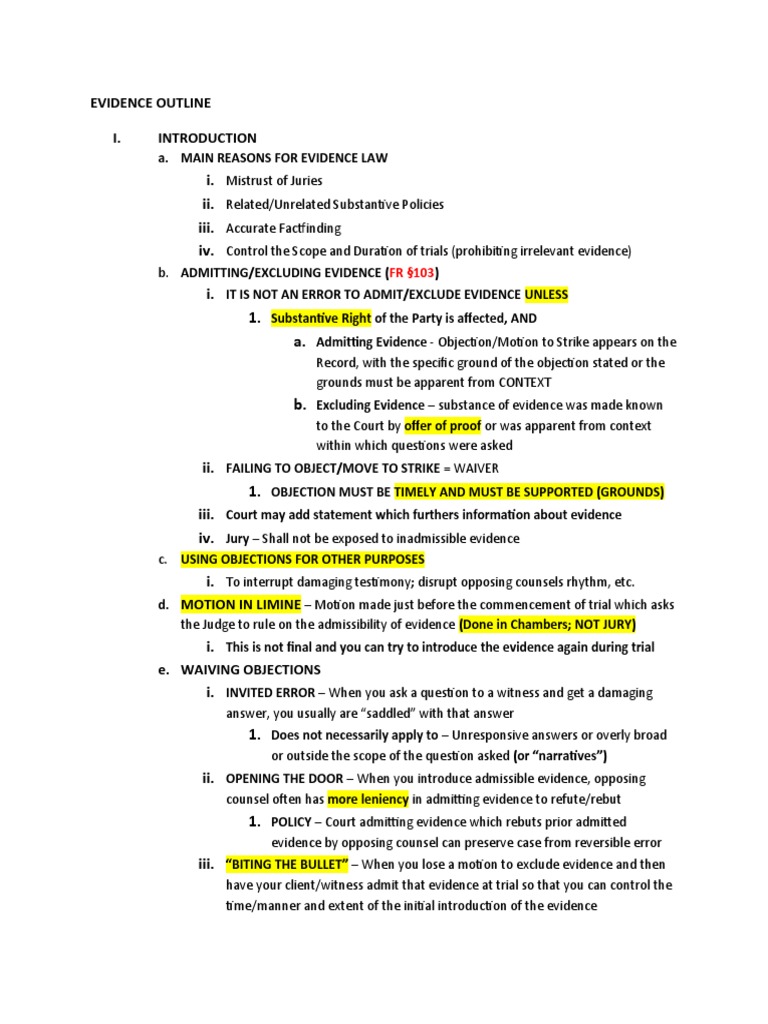 Evidence Outline | PDF | Evidence (Law) | Federal Rules Of Evidence
