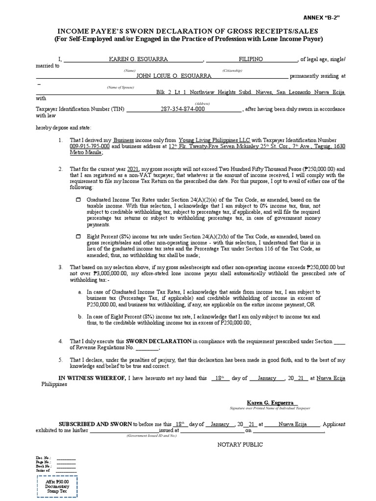 Income Payee'S Sworn Declaration of Gross Receipts/Sales | PDF | Income ...
