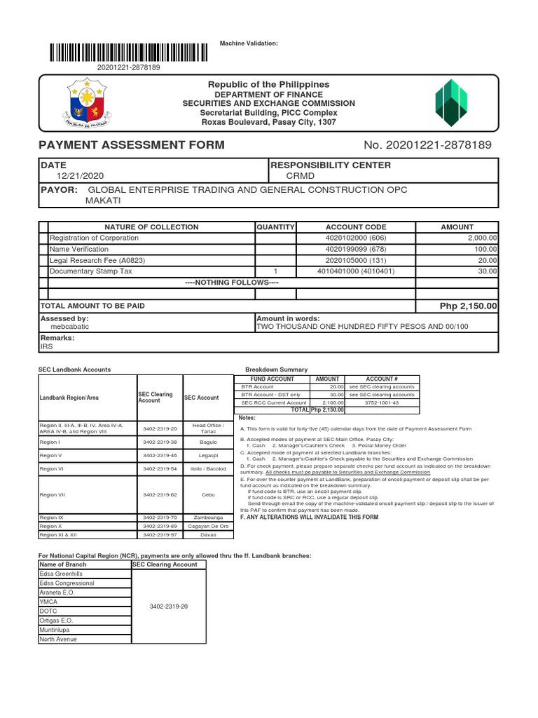 SEC Payment Assessment Form 2020 | PDF | Payments | Cheque