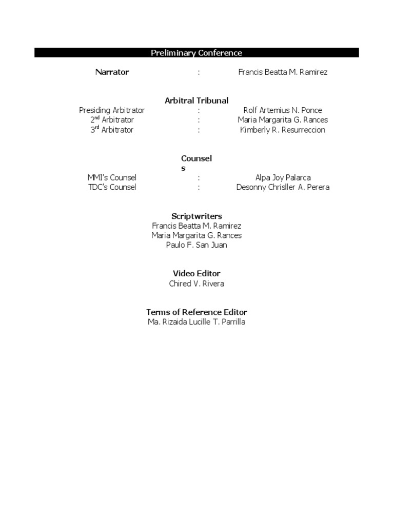 Preliminary Conference Script Final Pdf Arbitral Tribunal Arbitration