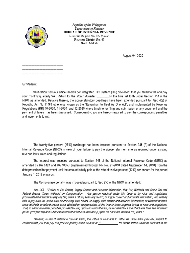 REMINDER LETTER Late Filing of Vat Return | PDF | Internal Revenue ...