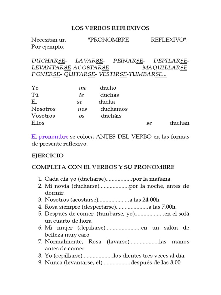 Ejercicios de Verbos Reflexivos en Español | PDF
