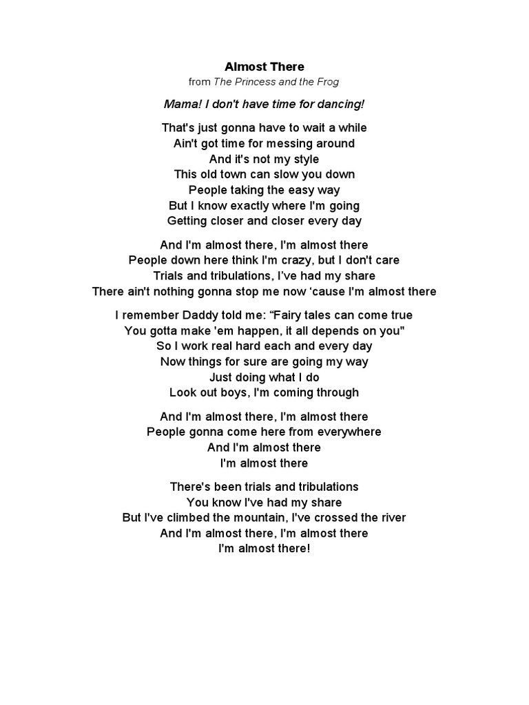 Almost There: Lyrics from Tiana's Song | PDF