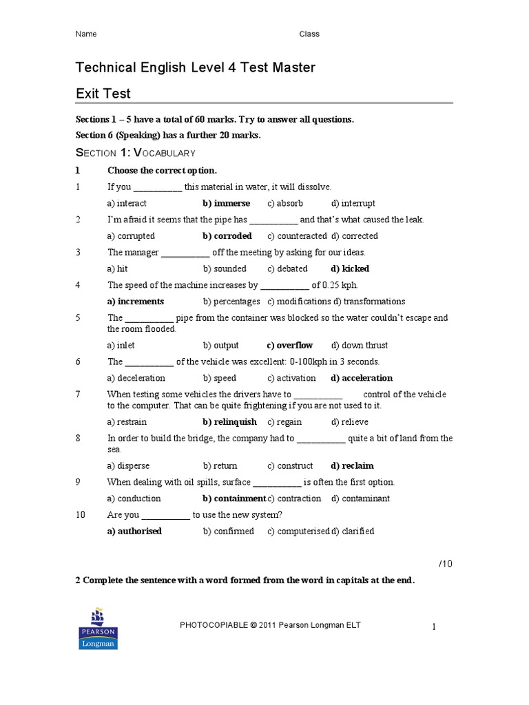 Technical English Level 4 Test Master Exit Test: Ection Ocabulary | PDF ...