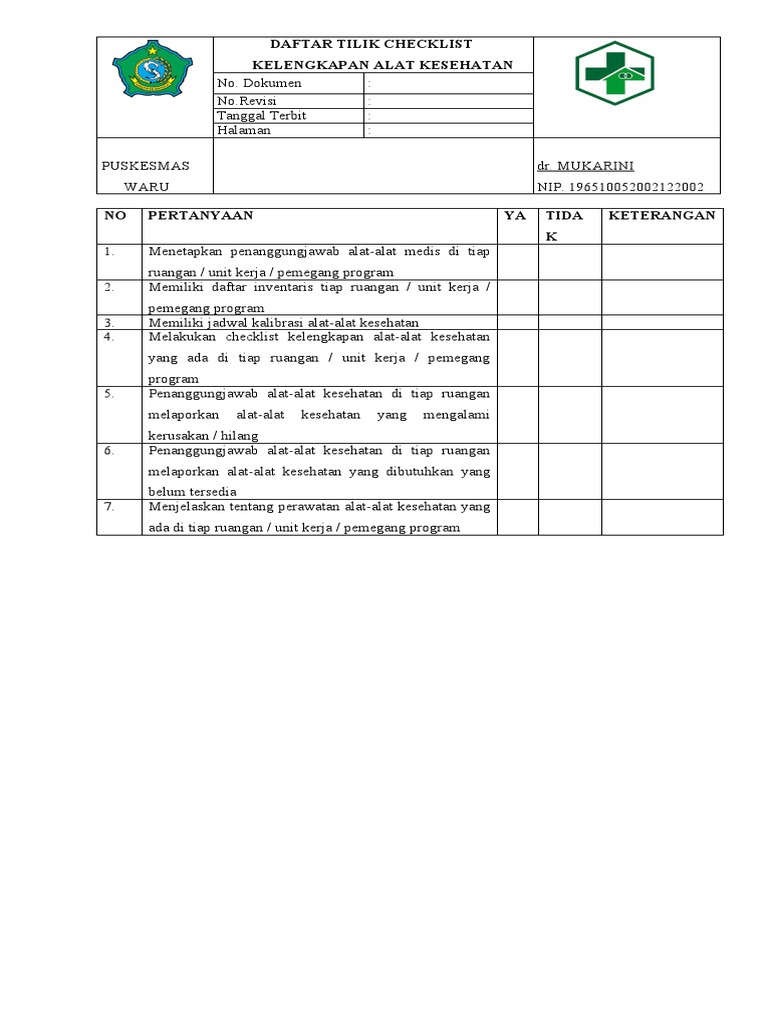 Daftar Tilik Audit Checklist Kelengkapan Alat Kesehatan | PDF