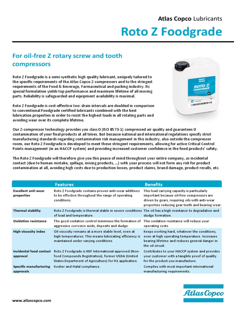 Roto Z Foodgrade: For Oil-Free Z Rotary Screw and Tooth Compressors ...