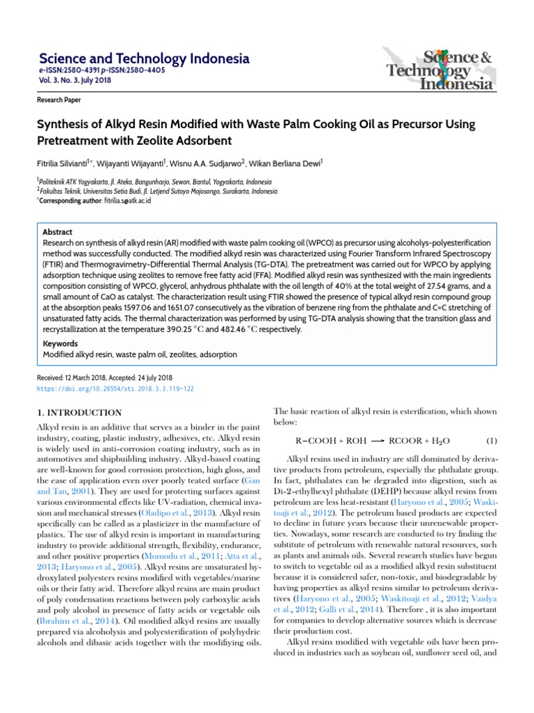 Synthesis of Alkyd Resin Modified With Waste Palm Cooking Oil As ...