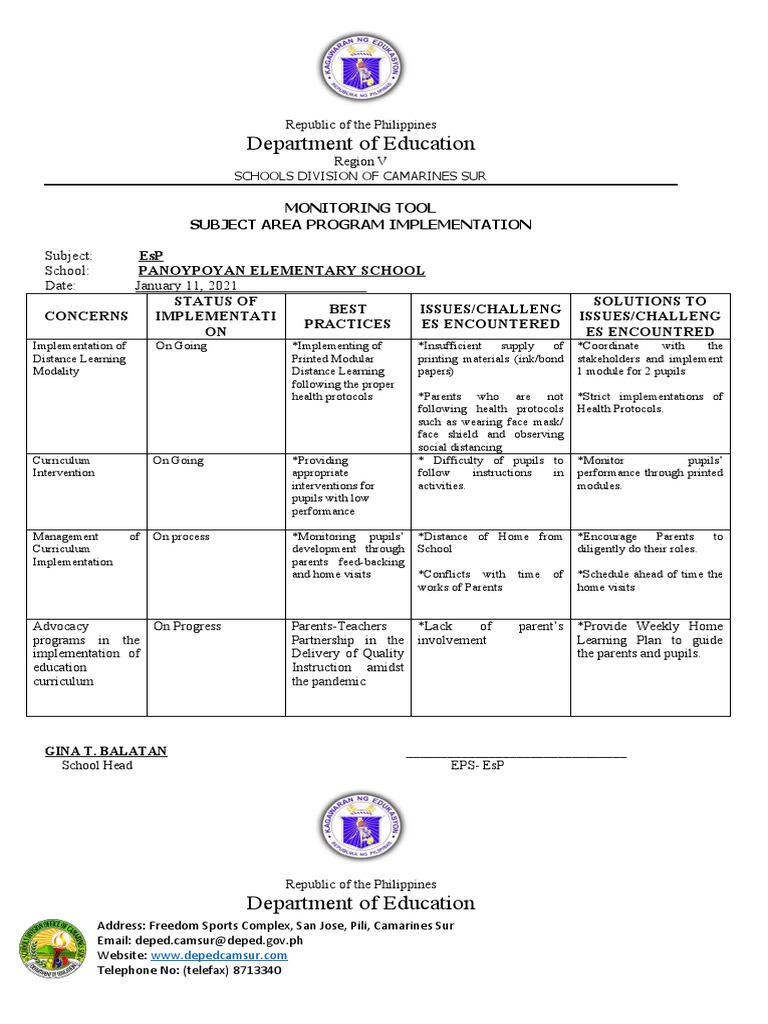 Department of Education: Monitoring Tool Subject Area Program ...