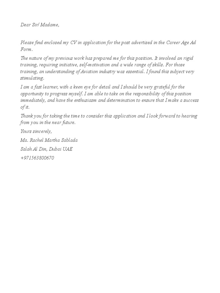 Cover Letter For Cabin Crew | PDF