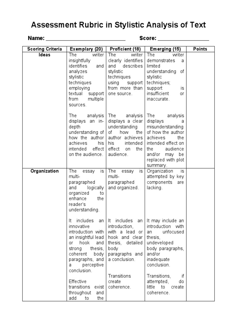 Assessment Rubric in Stylistic Analysis of Text | PDF | Essays | Rubric ...