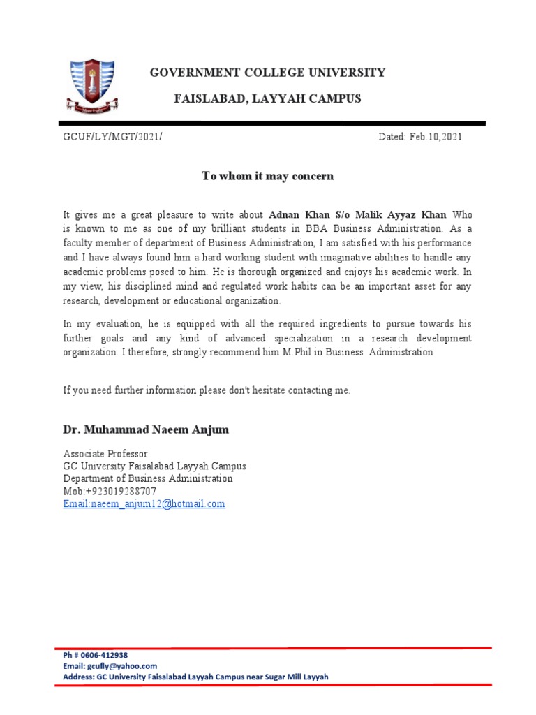 Recommendation Letter GOVERNMENT COLLEGE UNIVERSITY | PDF | Psychology ...