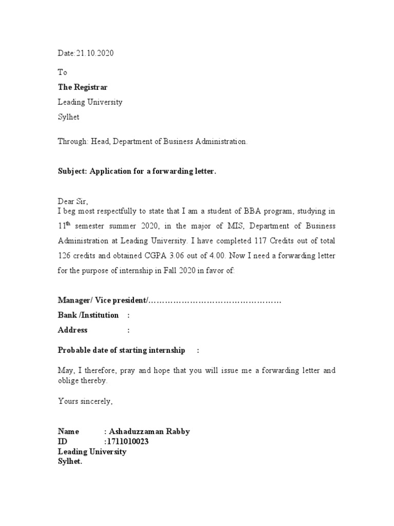 Application Forwarding Letter - Internship | PDF