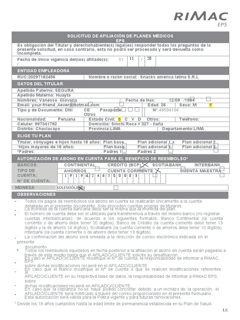 Formato Afiliación EPS RIMAC | PDF | Privacidad de la información | Medicina