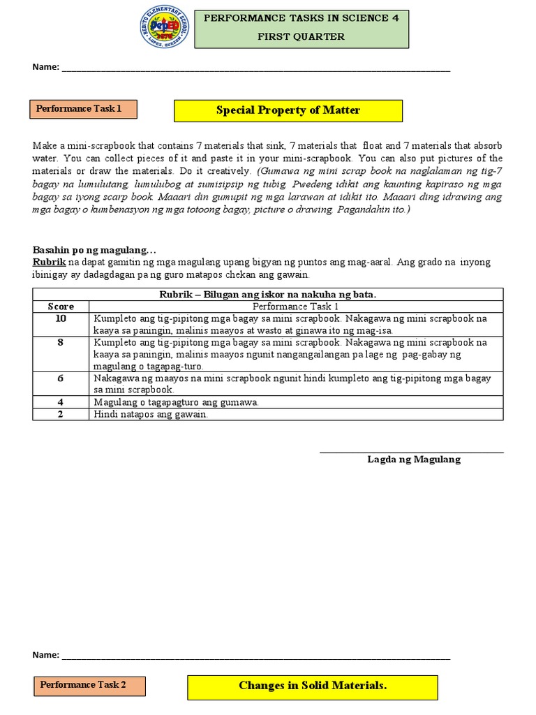 SCIENCE 4 Performance Task | PDF