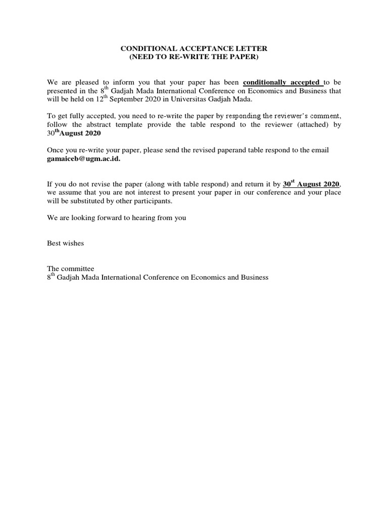 Conditional Acceptance Letter Revised Paper Pdf