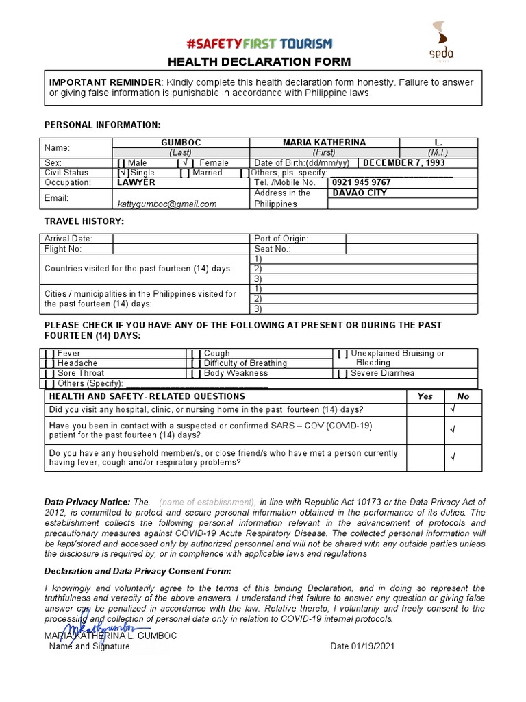 Health Declaration Form: or Giving False Information Is Punishable in ...