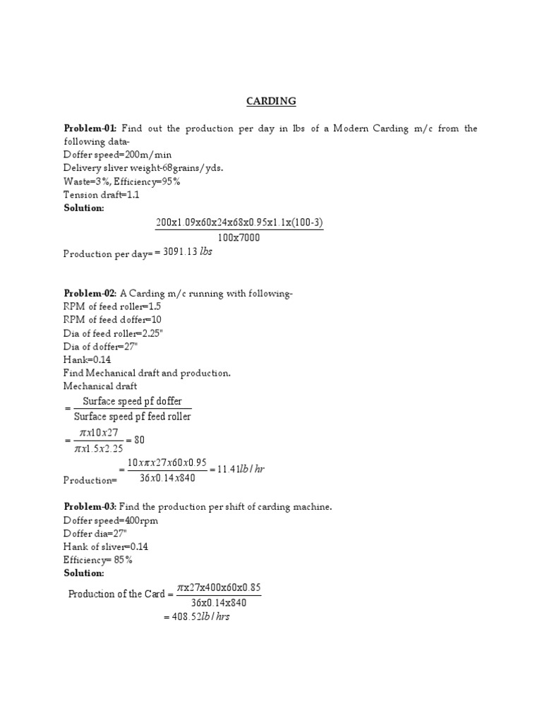 Carding Drawing Math 2 | PDF | Textiles | Fibers
