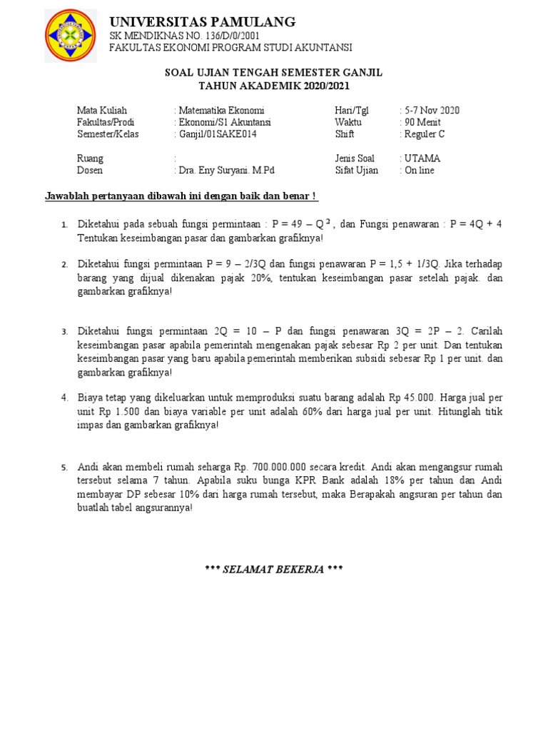 Soal Uts Matematika Ekonomi Kkni 01sake014 Dra. Eny Suryani.m.pd | PDF