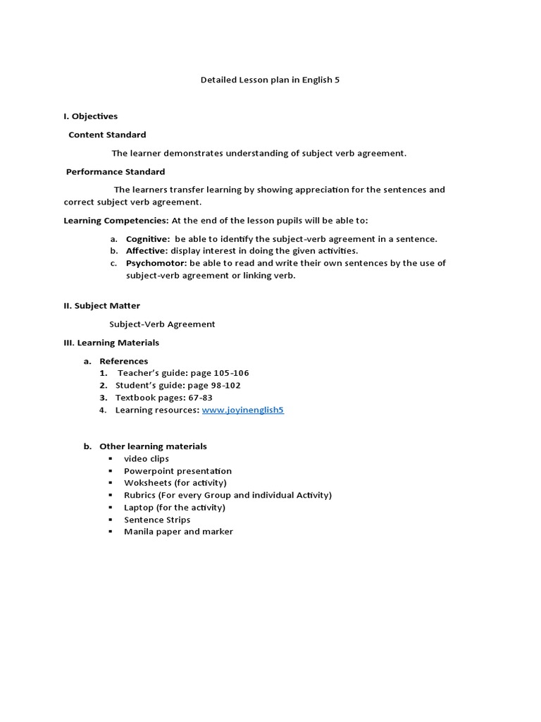 Detailed Lesson Plan in English 5 | PDF | Subject (Grammar ...