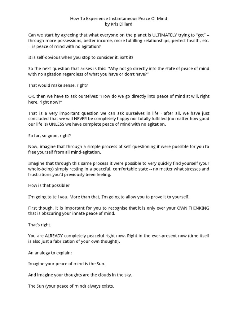 Kris Dillard - How To Experience Instantaneous Peace of Mind | PDF ...