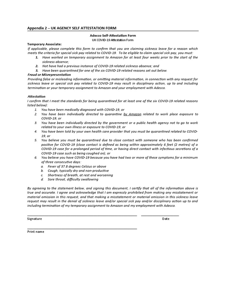 COVID 19 - Self Attestation Form (OHC) | PDF | Sick Leave | Cough