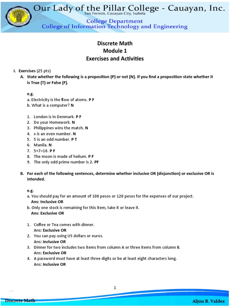 Module 1 Discrete Math Exercises and Activities 1 | PDF | Boolean ...