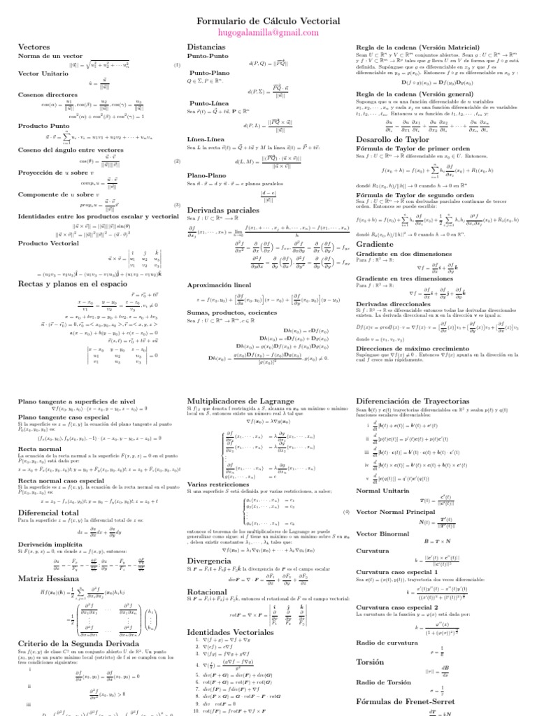 Formulario Calculo Vectorial 1 | PDF | Integral | Vector Euclidiano