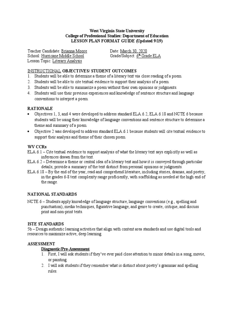 Literary Analysis Lesson Plan for 6th Grade | PDF | Differentiated ...