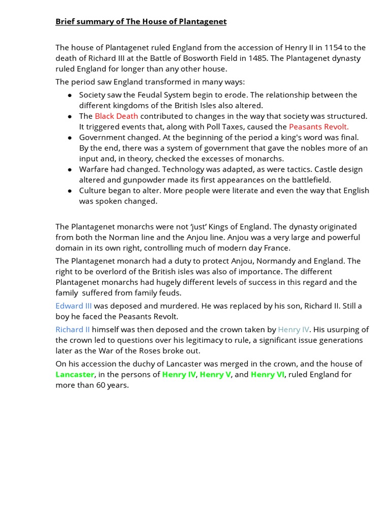 Brief Summary The Plantagenets | PDF | House Of Plantagenet | Henry Iv ...