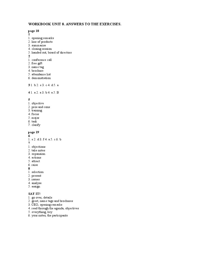 Workbook Unit 8. Answers To The Exercises | PDF | Business