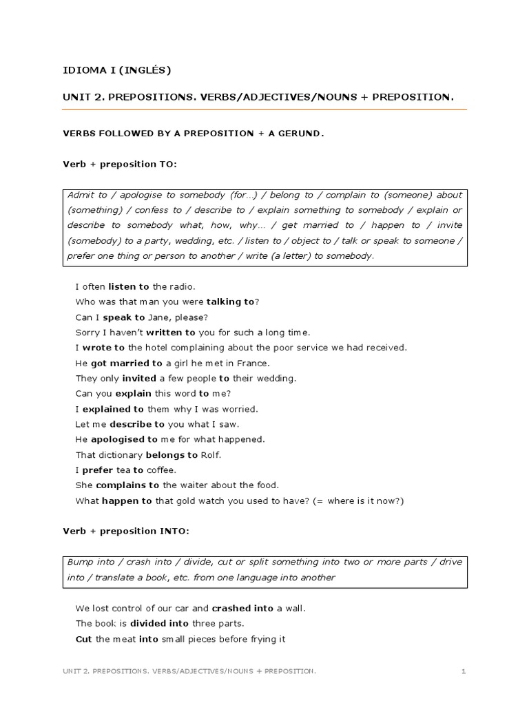 Unit 2. Prepositions. Verbs Adjectives Nouns Prepositions | PDF | Adjective | Preposition And ...