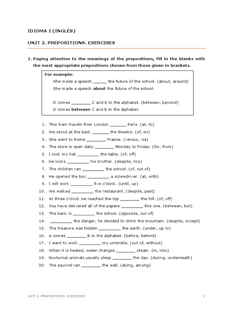 Unit 2. Prepositions. Exercises | PDF