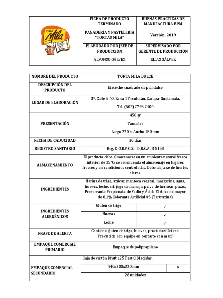 Ficha Tecnica Torta Dulce Mila | PDF | Postres | Preparación de comida y bebida